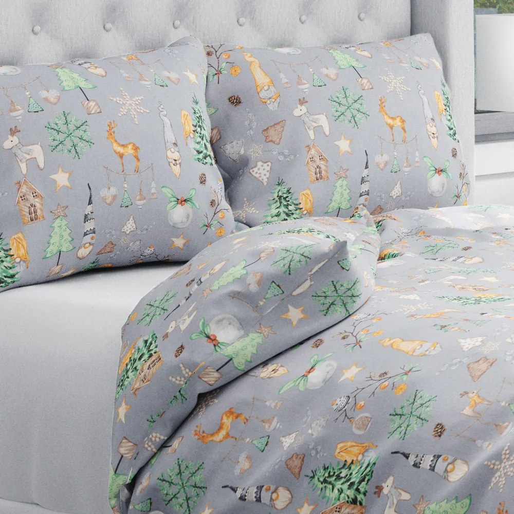 Biante Vánoční bavlněné ložní povlečení Sandra SA-509 Vánoční skřítci a ozdoby na šedém Prodloužené 140x220 a 70x90 cm