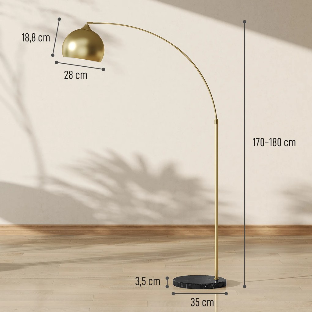 HOMCOM Oblouková lampa, stojací lampa, výškově nastavitelná, nožní vypínač, podstavec s efektem mramoru, 170-180cm, zlatá/černá