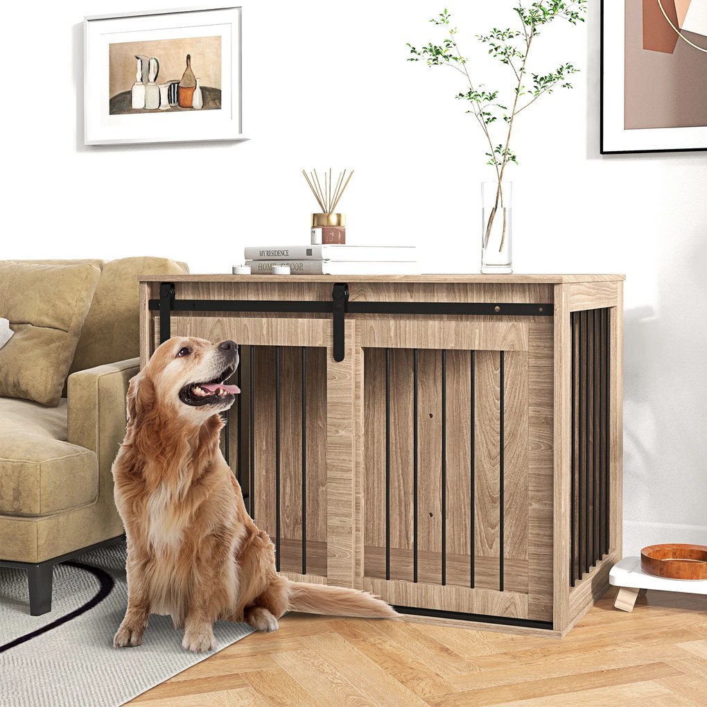 PawHut Box pro psy Klec pro psy, uzamykatelná, dřevěný vzhled, rustikální design, 98 cm x 58 cm x 61 cm, ořech + černá barva