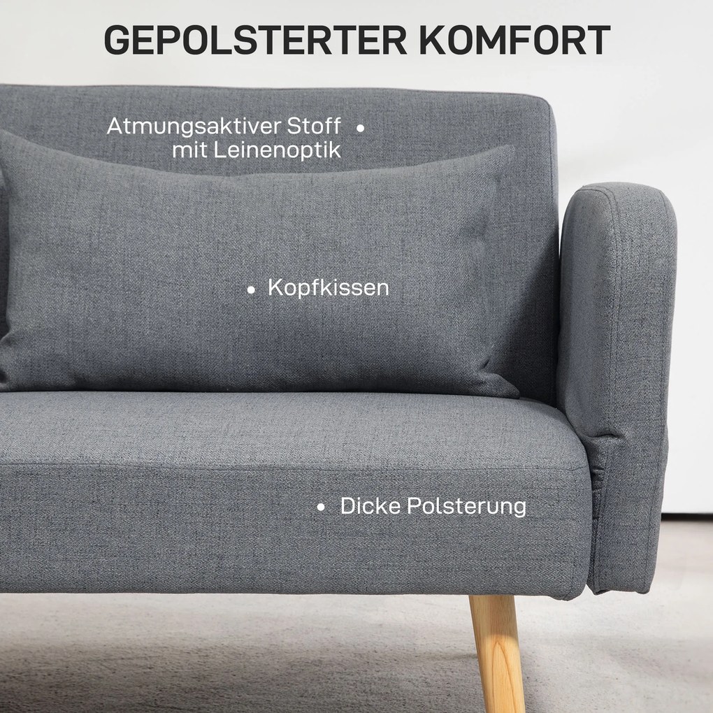 HOMCOM 3místná pohovka s funkcí spaní, 170x83x80cm, s 3stupňovým nastavením opěradla a nohou, vlnité pružiny, přehozové polštáře, vzhled lnu, šedá