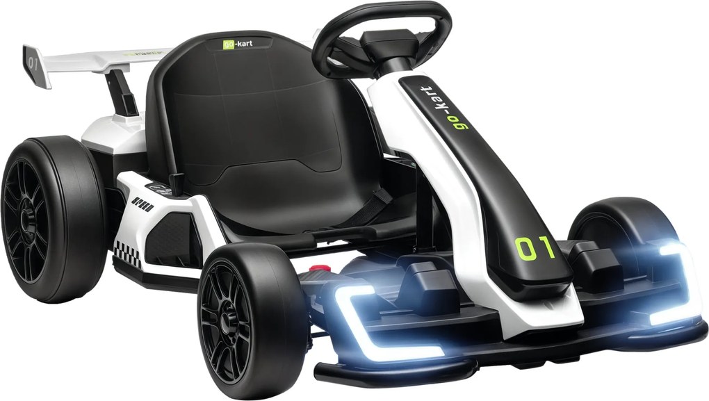 HOMCOM Elektrický Go-Kart pro Děti 6-12 Let 24V 12km/h s Nastavitelným Sedadlem, Drift Go-Kart s Klaksonem, Světly a Hudbou, Bílý | Aosom