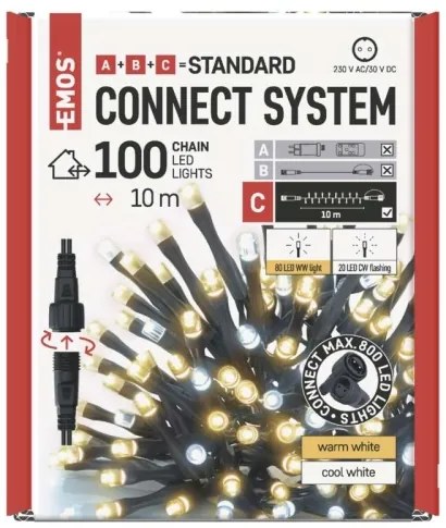 Propojovací vánoční řetěz bez zdroje EMOS Connecting D1AN02 100LED 10m teplá/studená bílá blikající