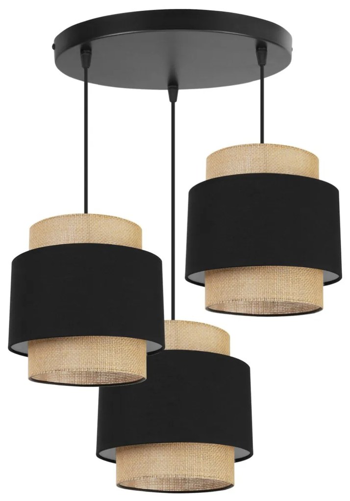 Závěsné svítidlo Boho, 3x jutové/černé textilní stínítko, o