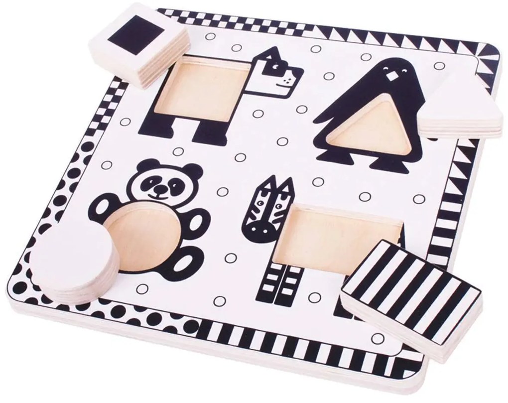 Bigjigs Toys Dřevěné vkládací puzzle černobílé tvary 1