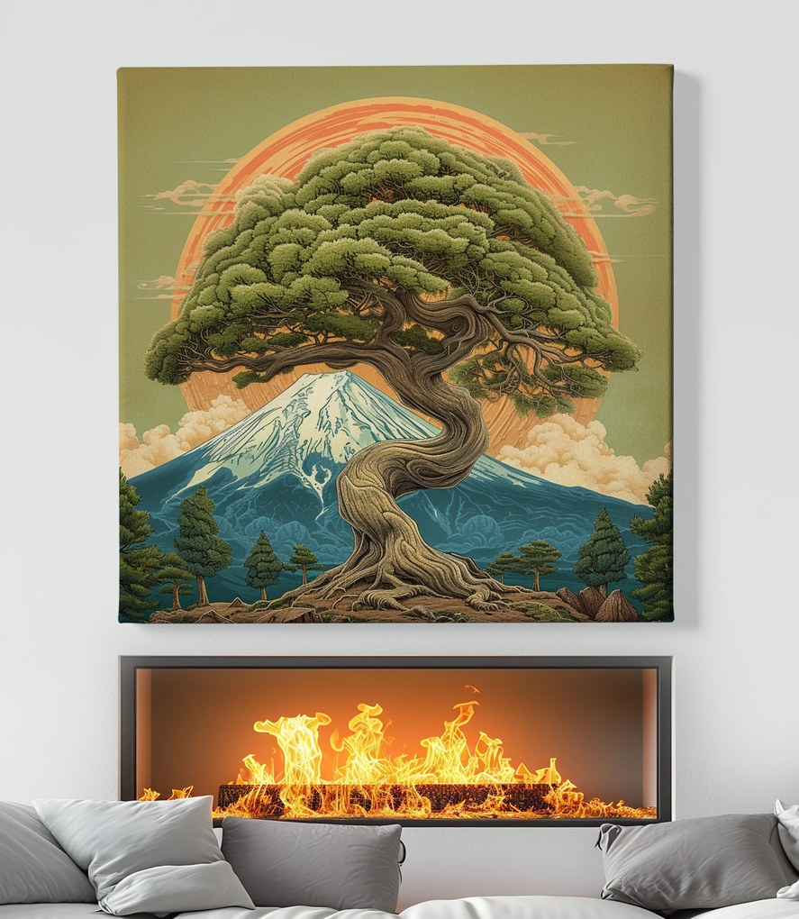 Obraz na plátně - Strom života Japonské slunce FeelHappy.cz Velikost obrazu: 140 x 140 cm