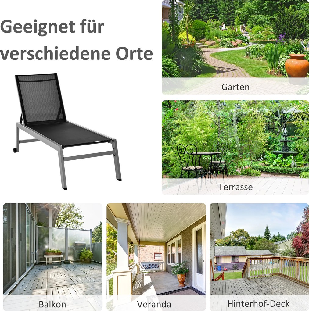 Lehátko Outsunny Relax Lounger 5-stupňové nastavitelné opěradlo hliníkové černé 169x65x102cm na zahradu a terasu | Aosom.de