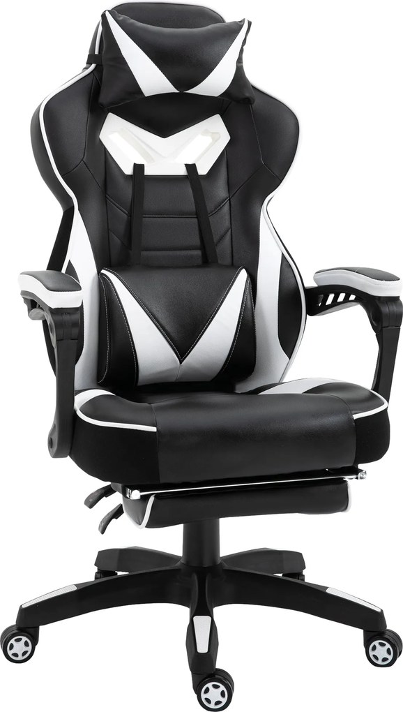 Ergonomická herní židle Vinsetto s nastavitelnou výškou a sklonem, opěrkou nohou, hlavy a bederním polštářem, kolečka 65x70x118,5-128,5 cm Bílá | Aoso