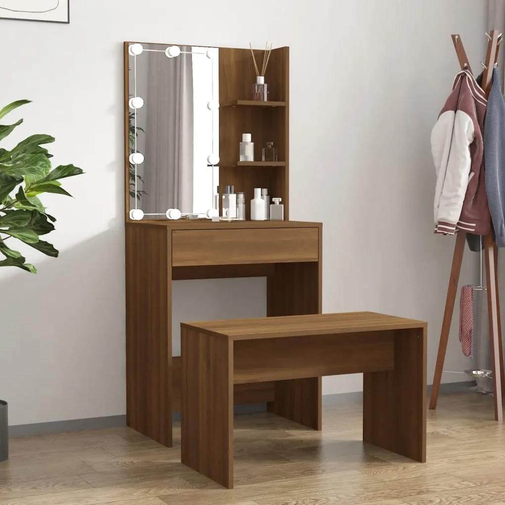 Toaletní stolek sada s LED hnědý dub kompozitní dřevo - Default Title