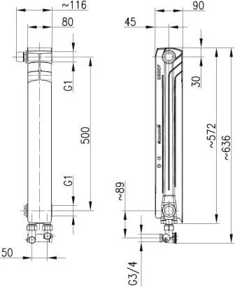 Armatura Radiátor HLINÍKOVÝ G500F 9-segmentový WHITE LEVÉ rohové připojení (SADA)