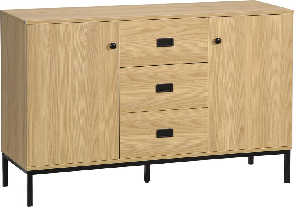 HOMCOM Kuchyňský Buffet Úložný Kabinet 2 Skříňky Nastavitelná Police 3 Zásuvky Moderní Styl - 120 x 39,5 x 77 cm Přírodní | Aosom