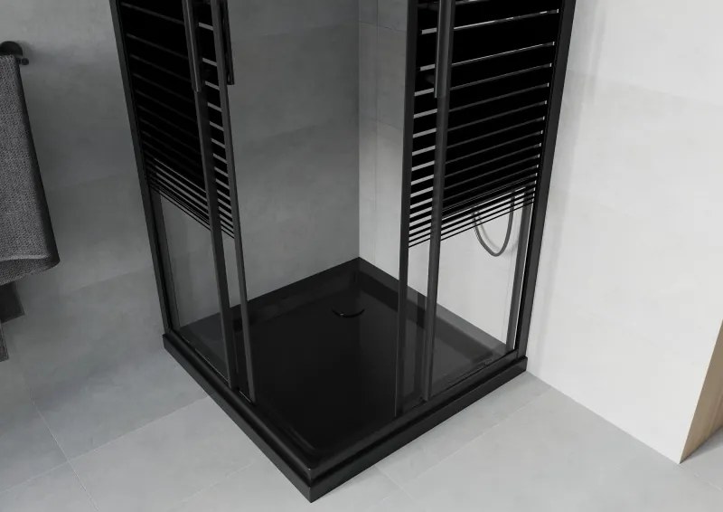 Mexen Rio, čtvercový sprchový kout 80(dveře)x80(dveře)x190 cm, 5mm čiré sklo-vzor pásky, černý profil + černá sprchová vanička SLIM, 860-080-080-70-20-4070B