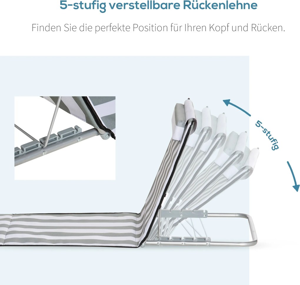 Lehátko skládací zahradní lehátko s polštářem pod hlavu Lehátko s opěradlem nastavitelným v 5 směrech Taška na přenášení Světle šedá barva