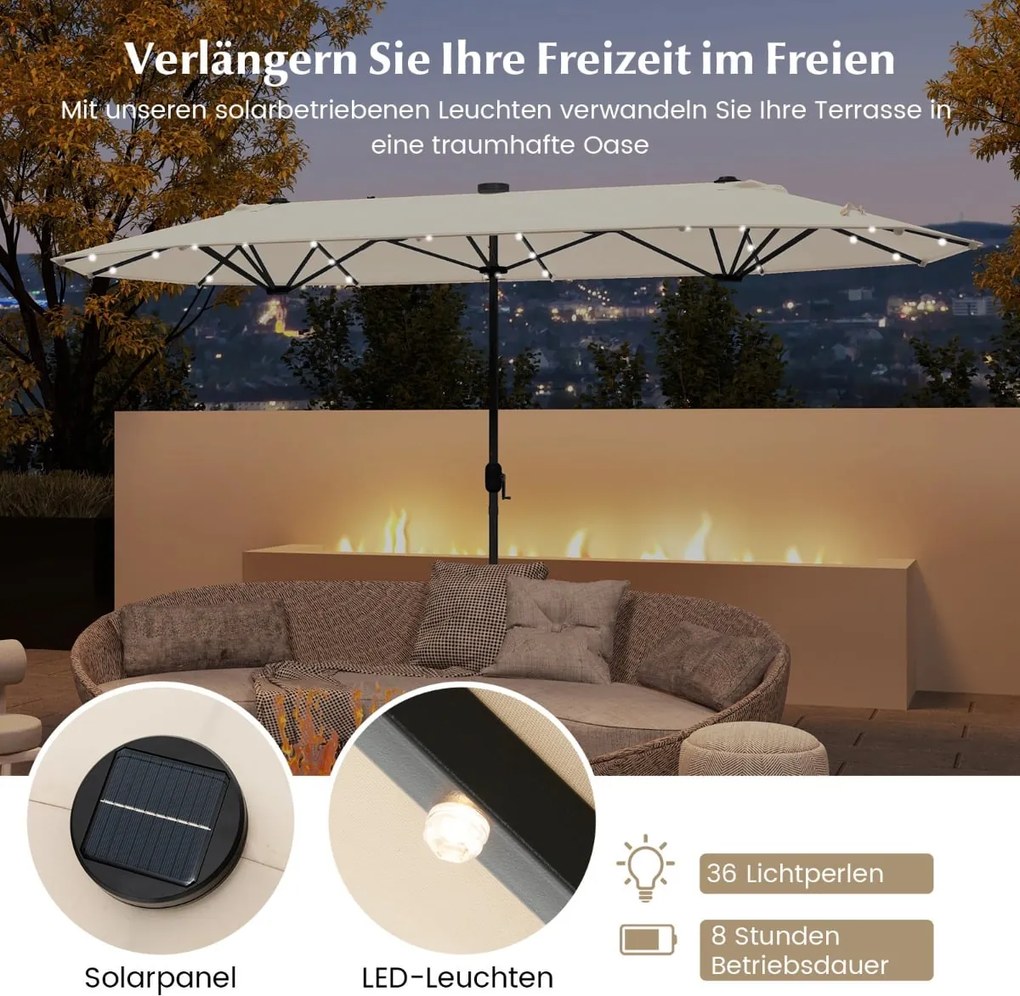Costway Dvojitý slunečník se stojanem a LED světly a klikou UPF 50+, béžový