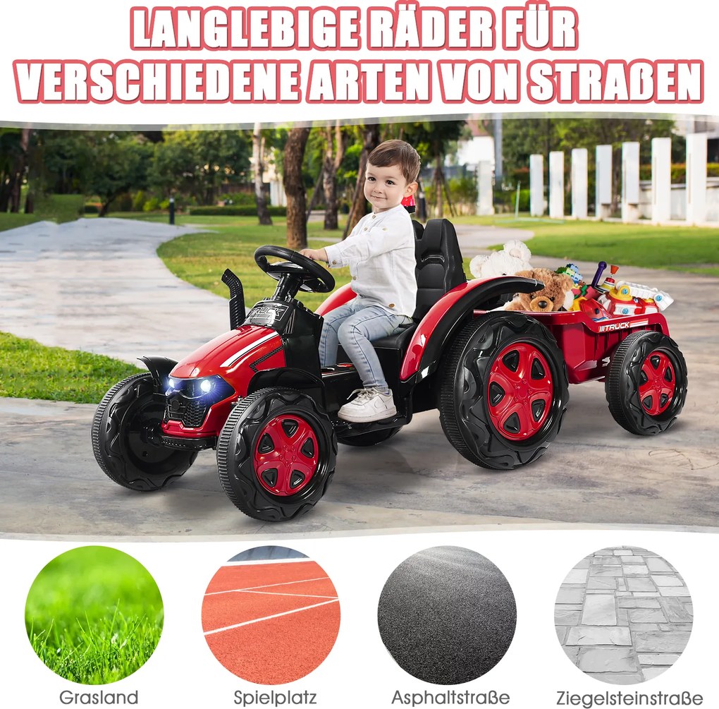 Costway Traktor 12 V dětský pojízdný traktor s odnímatelným přívěsem, červený