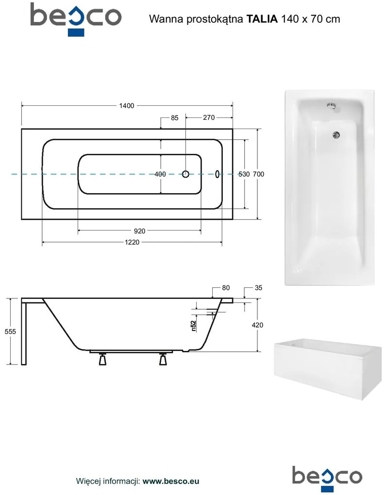 BESCO Obdélníková vana TALIA Nožičky k vaně - S nožičkami, Rozměr vany - 140 × 70 cm - VANTAL14+OLVPINOZ