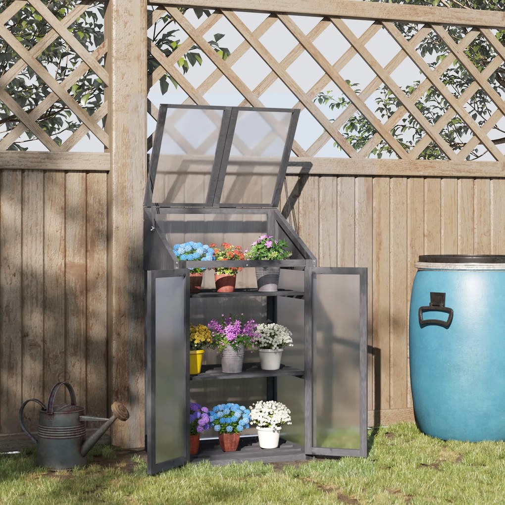 Outsunny Mini skleník, malý skleník s dřevěným rámem, okno a dvojité dveře, 3 police, 70L x 50B x 120V cm, šedý