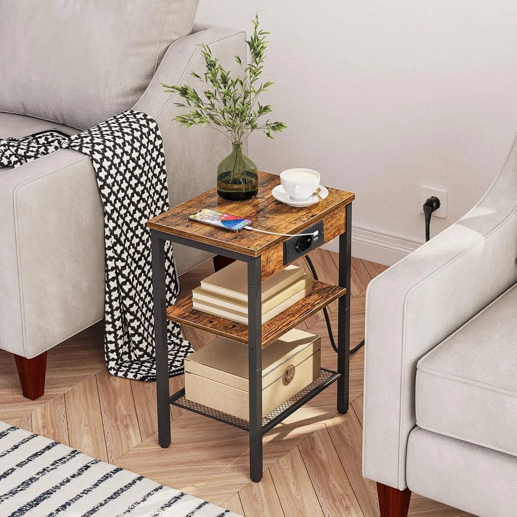 Noční stolek Vasagle Harby 38 cm s nabíjecí stanicí černý/hnědý