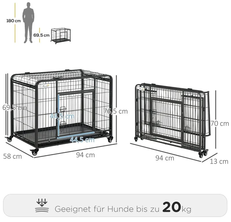 Přepravní box pro psa a kočku PawHut na 4 kolech | černý, Barvy a parametry Materiál kov
