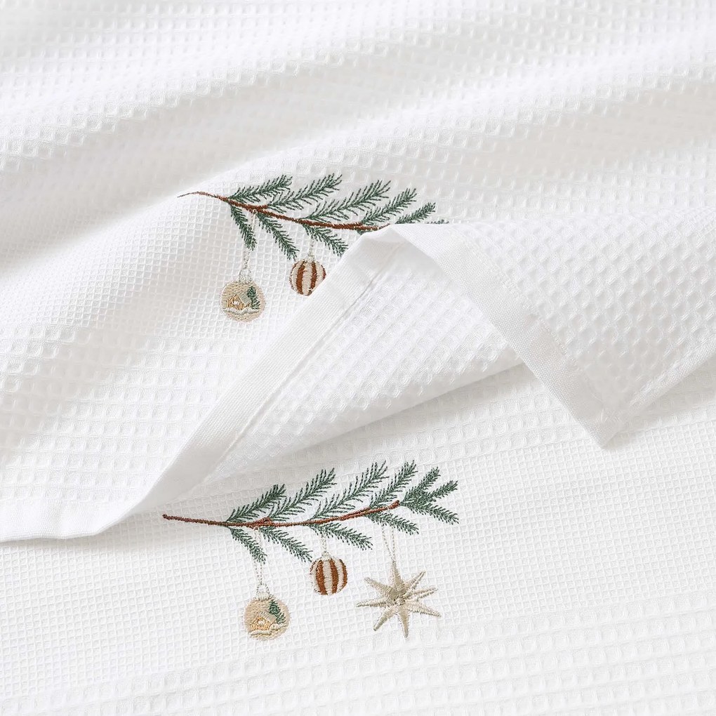 Goldea vánoční kuchyňská vaflová utěrka s výšivkou - baňky na větvi na bílém 50 x 70 cm