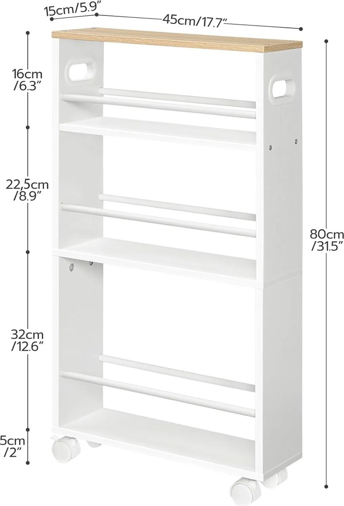 Úzký pojízdný kuchyňský regál Vasagle Tonari 45 cm bílý/hnědý