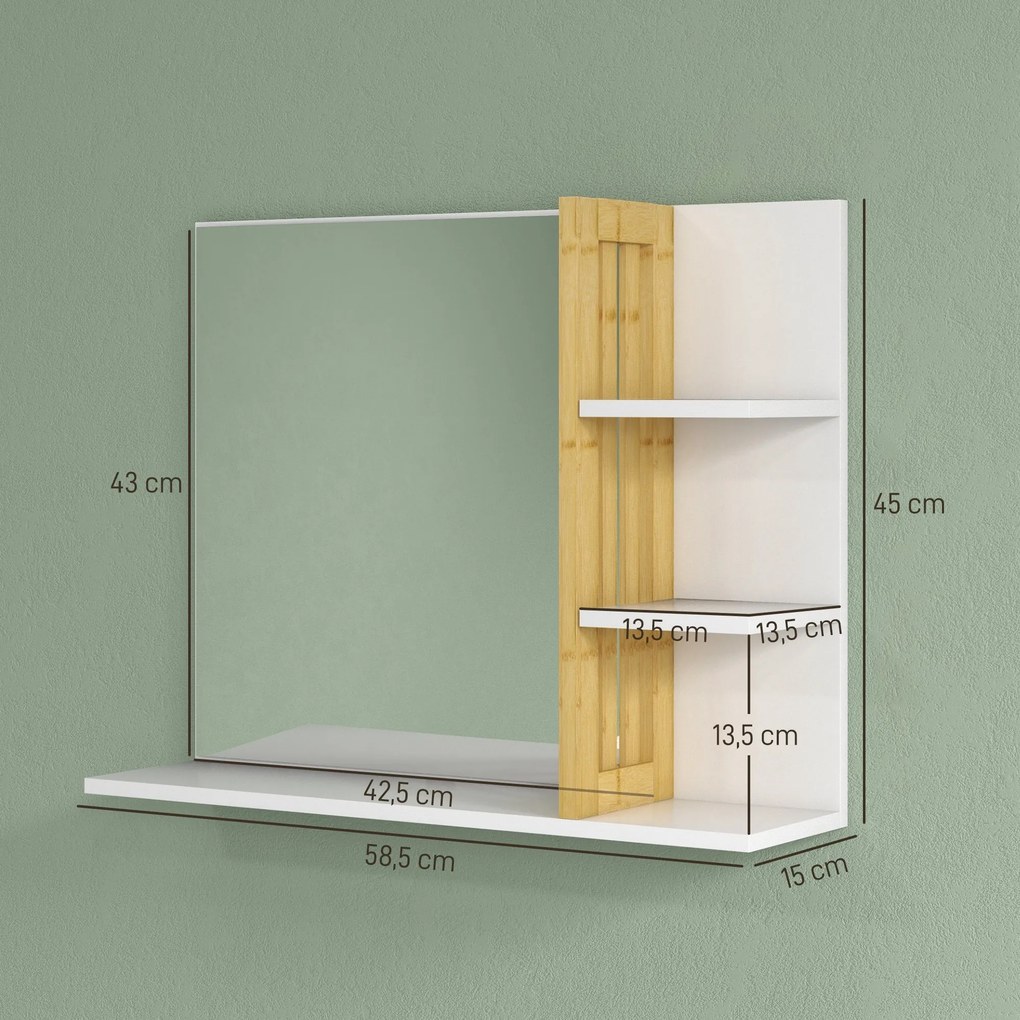 HOMCOM Moderní Zrcadlo do Koupelny Obdélníkové Nástěnné Zrcadlo se 4 Úložnými Policemi pro Makeup 45x15x58.5 cm Bílá