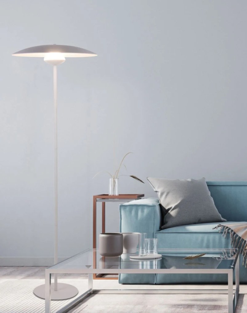 Stojací podlahová LED lampa LUND, bílé stínidlo talíř