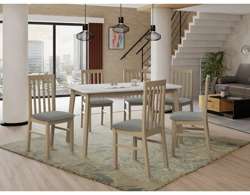 Rozkládací jídelní stůl se 6 židlemi AL16, Barva dřeva: bílá, Potah: Zetta 300, Barvy nožiček: Bíla