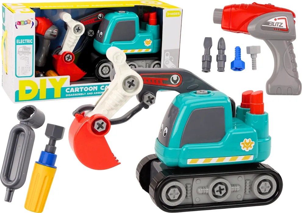 LEAN Toys Pásové rypadlo na šroubování DIY, kreslené, tyrkysové