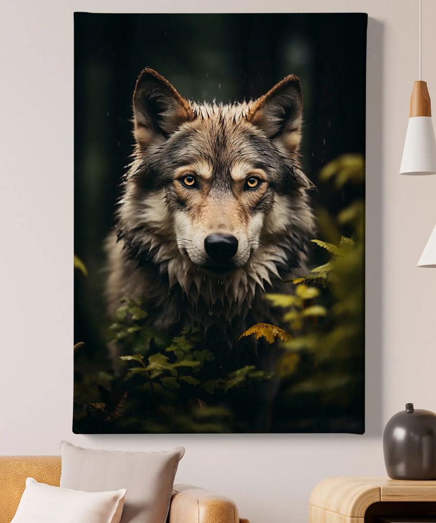Obraz na plátně - Vlk promočený od deště v houštině FeelHappy.cz Velikost obrazu: 120 x 180 cm