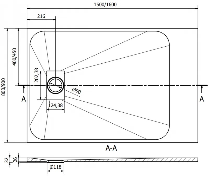 Mexen Hugo, obdélníková sprchová vanička SMC 150 x 80 cm, bílá, zlatá krytka, 42108015-G