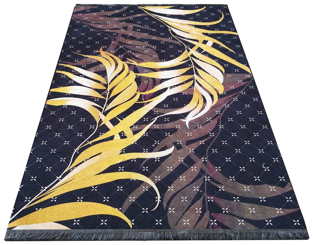 Moderní kusový koberec BLACK and GOLD 08 Listí protiskluzový modrý zlatý černý Rozměr: 120x180 cm