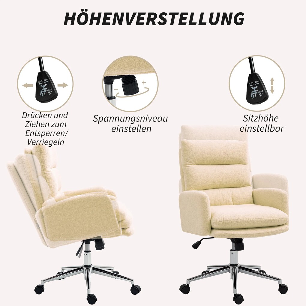 HOMCOM Ergonomická kancelářská židle s opěrkou na ruce, design z umělé ovčí vlny, výškově nastavitelná otočná židle s funkcí náklonu, polstrovaná kan…