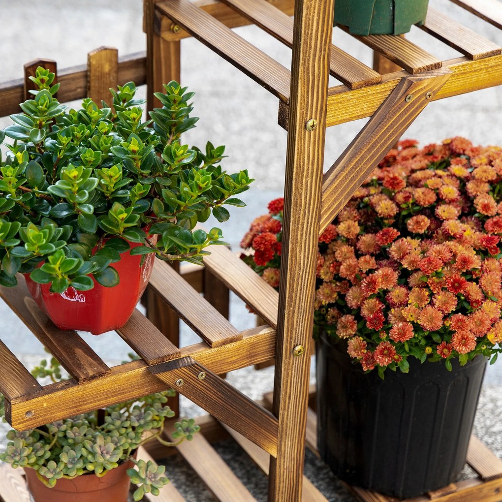 Dřevěný květinový regál Outsunny s 5 policemi - stojan na květináče, ornament s malými zábranami 60 x 30 x 130 cm z karbonizovaného borového dřeva pr…