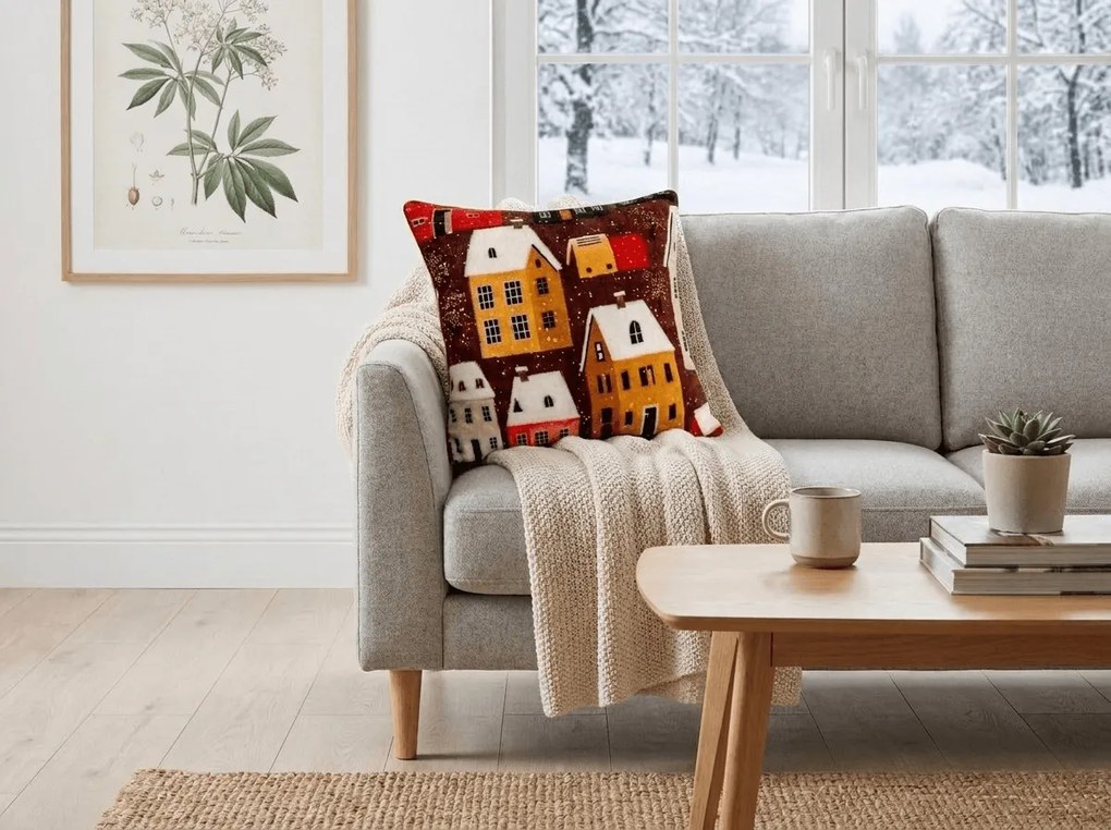 Mikroplyšový povlak na polštářek SNOWY VILLAGE 45x45 cm, barevný