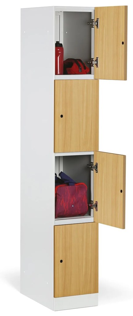 Šatní skříňka S1 s úložnými boxy, 4 boxy, 1850 x 300 x 500 mm, demont, RFID zámek, laminované dveře, buk