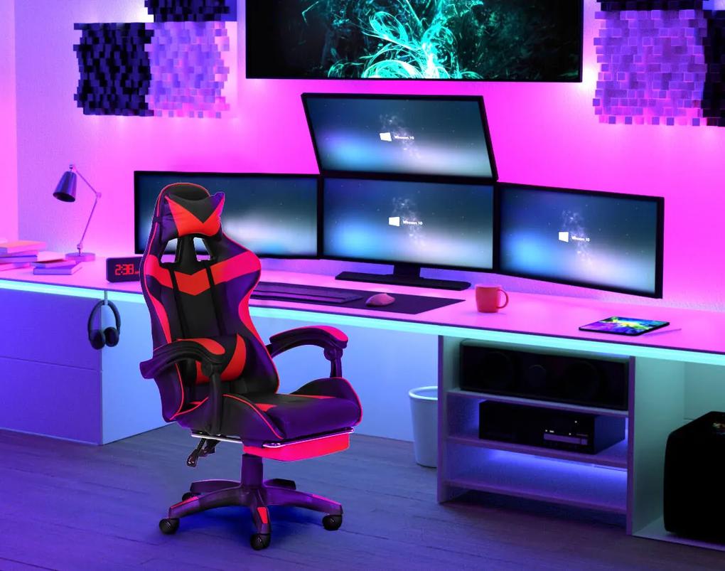 Kbelíková herní židle, kancelářská židle s nastavitelnými polštáři a podnožkou, červená