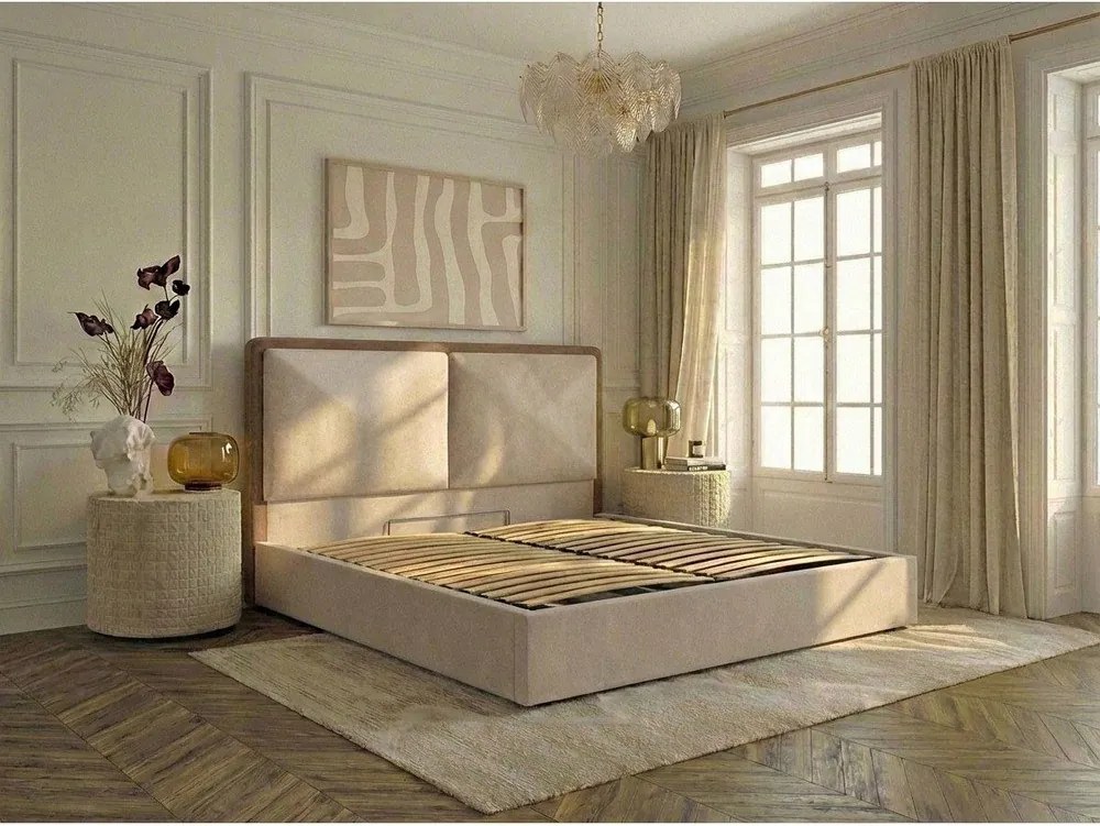 Béžová/starorůžová čalouněná dvoulůžková postel s úložným prostorem s roštem 180x200 cm Mara – Bobochic Paris