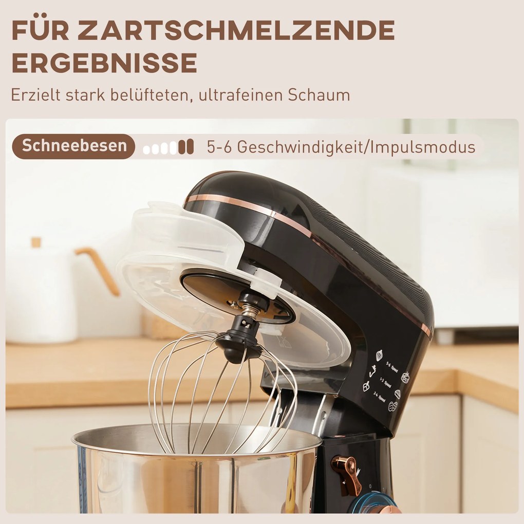 HOMCOM Stolní mixér, kuchyňský robot, šlehač, 6 stupňů, nerezová mísa 5,5 l, černý