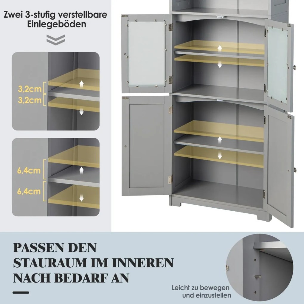 Costway 163 cm vysoká koupelnová skříňka volně stojící úložná se skleněnými