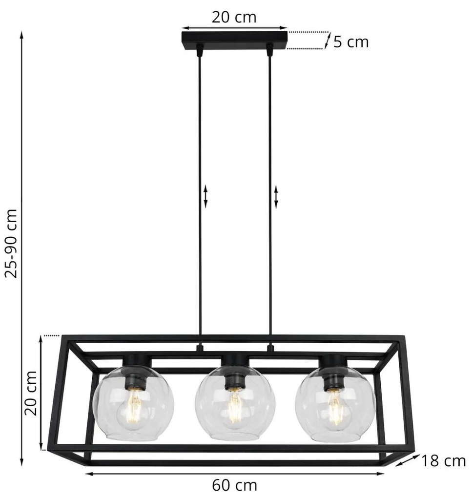 Závěsné svítidlo Haga Cage, 3x transparentní skleněné stínítko v kovovém rámu