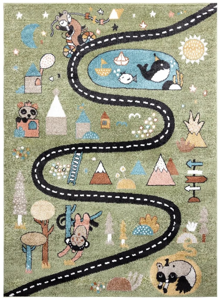 Dywany Łuszczów, Dětský kusový koberec Fun Route Street animals green, 120x170, zelená, dětský pokoj