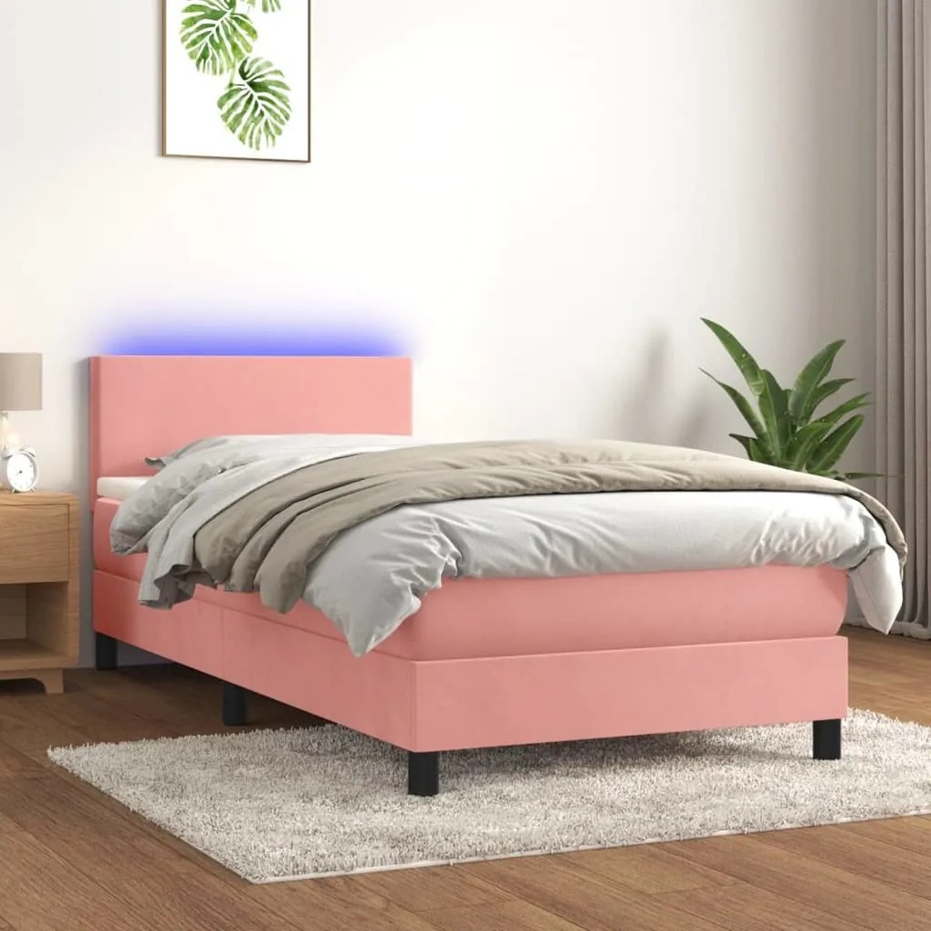 vidaXL Box spring postel s matrací a LED 80x200 cm samet [3134251] Barva: Růžová