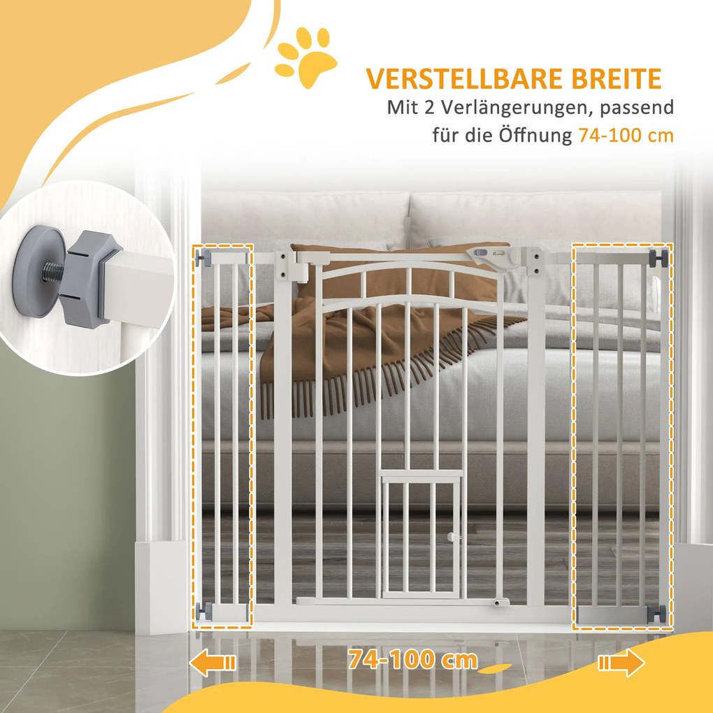 Schodišťová branka PawHut pro psy s automatickým zavíráním a klapkou pro kočky, bez vrtání, 74-100 cm, bílá