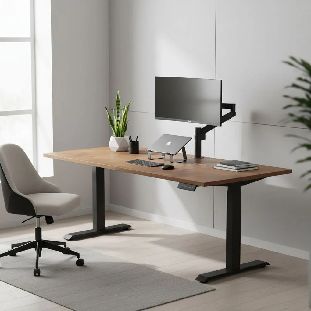 Výškově nastavitelný stůl OfficeTech D, 180 x 80 cm, černá podnož, dub silverjack