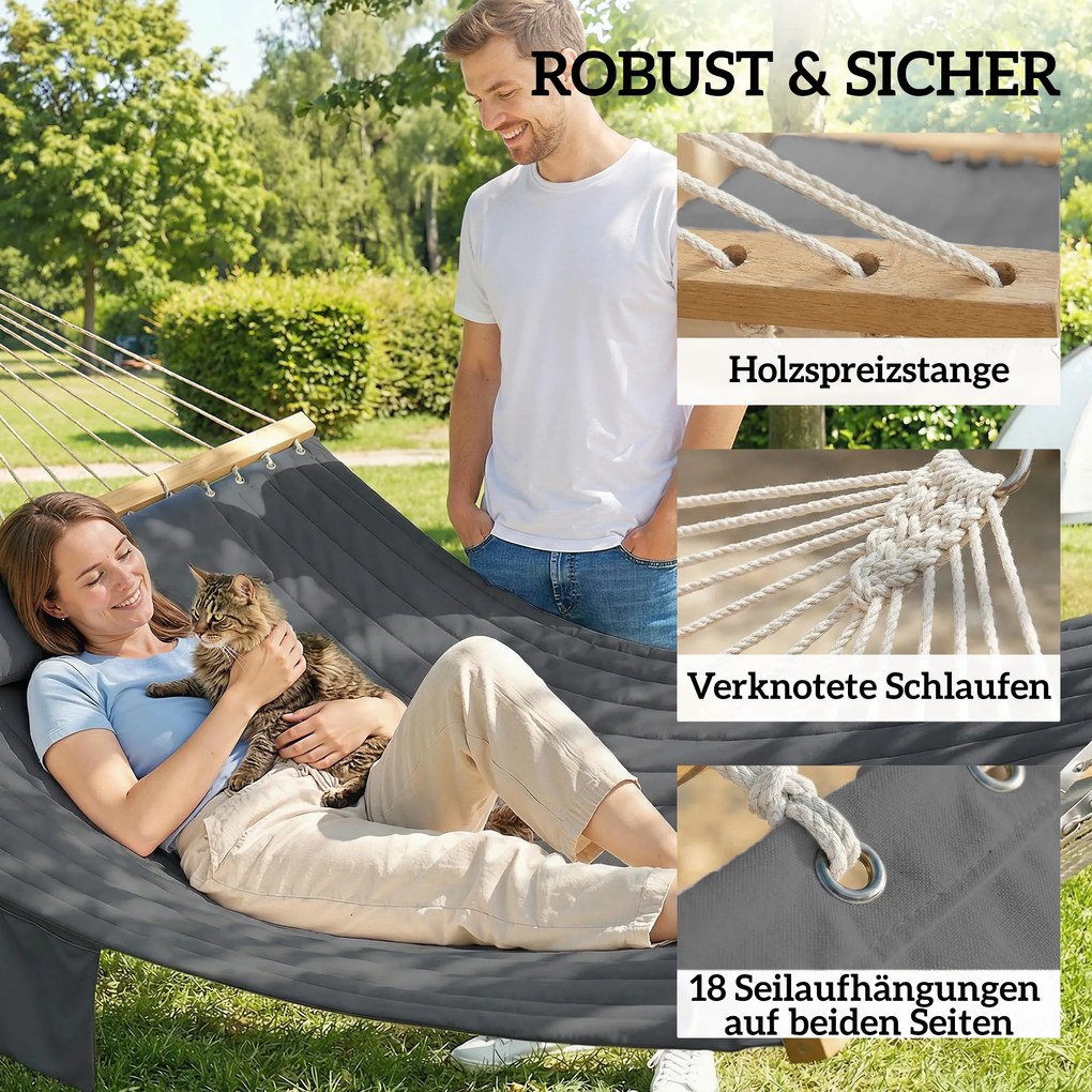 Houpací síť Outdoor 200x140 cm, dvouvrstvá houpací síť s kapsou na zásobník na hlavu, dřevěné tyče do 200 kg