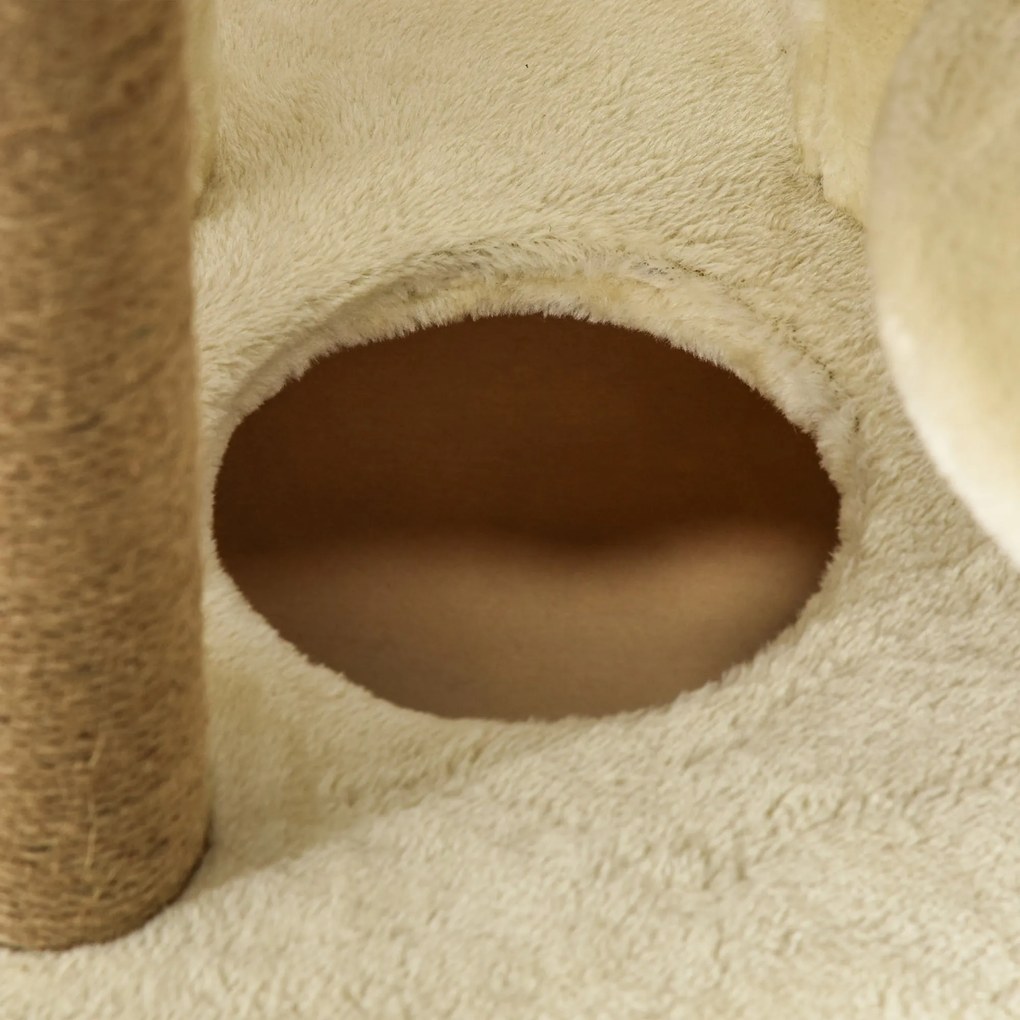 PawHut Velký Škrabací Strom pro Kočky 60x34x136 cm s Platformami, Hřejivými Jeskyněmi, Odnímatelnými Jutovými Sloupky a Visacím Míčkem Bežová
