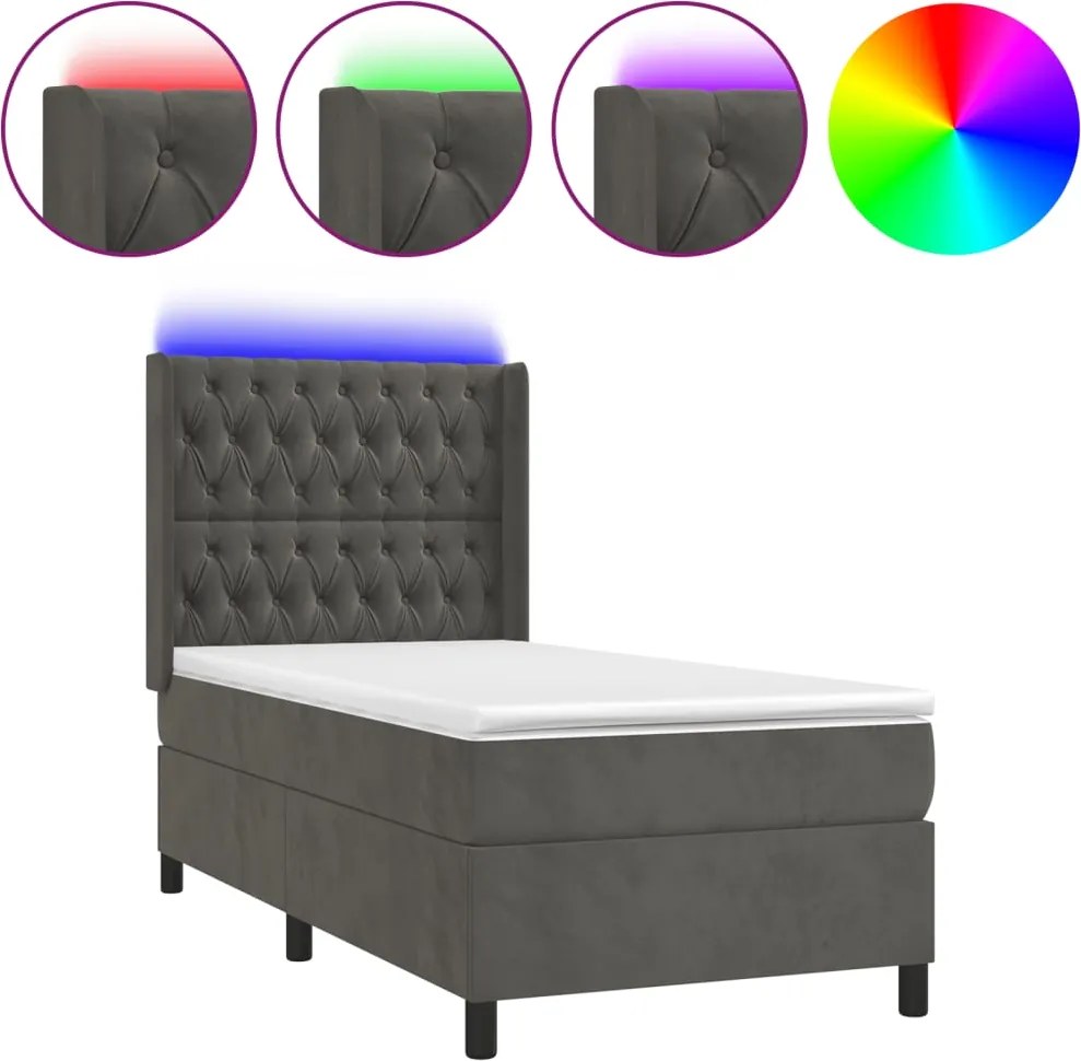 Box spring postel s matrací a LED tmavě šedá 90x190 cm samet 3139716