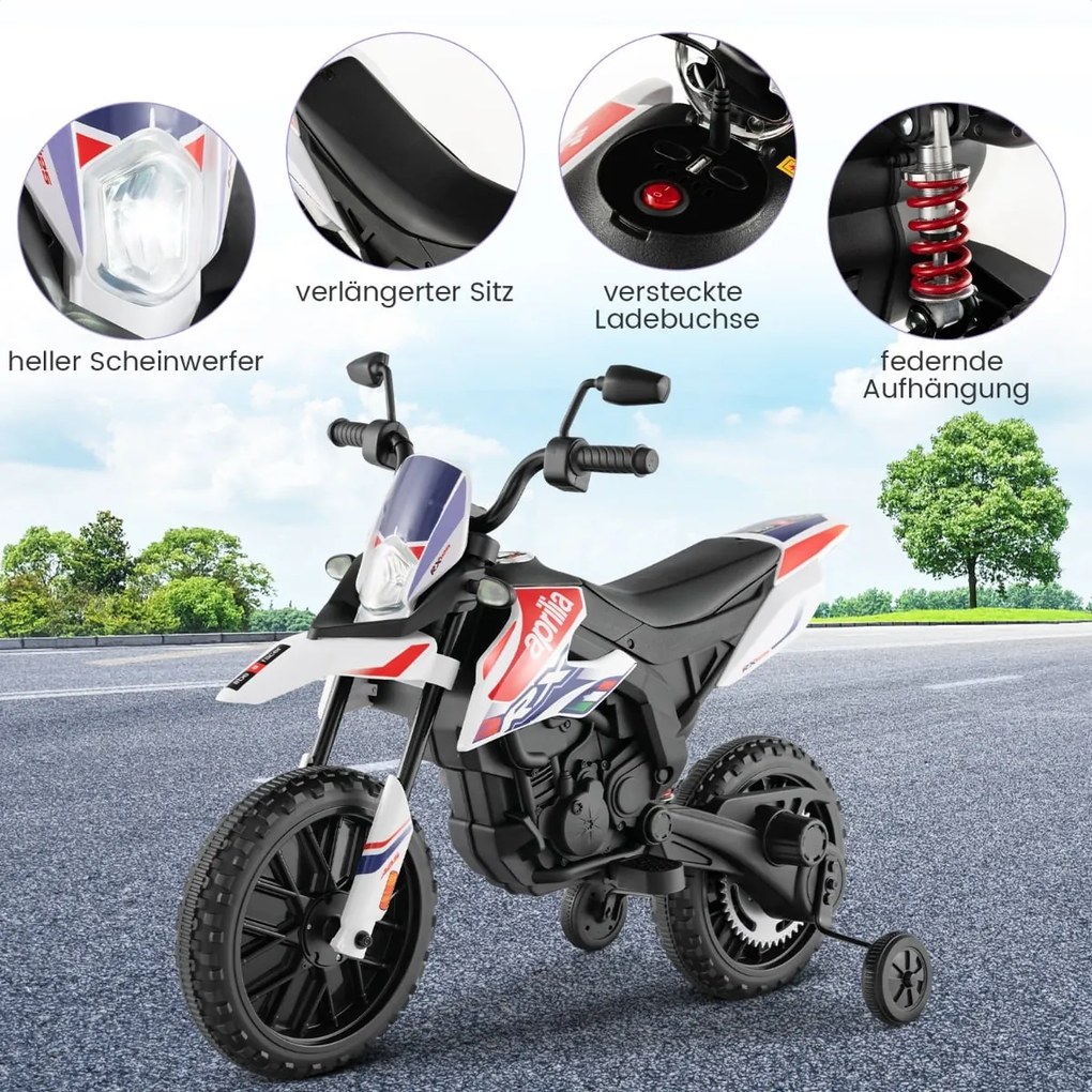 Costway Elektrická dětská motorka Aprilia s tréninkovými koly a hudbou a – bílý