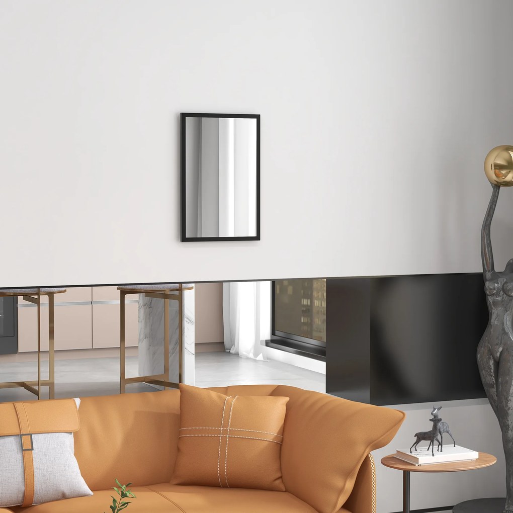 HOMCOM Obdélníkové Zrcadlo na Zeď 60 x 40 cm, Černý Dřevěný Rám, Ideální do Koupelny, Obývacího Pokoj nebo Ložnice