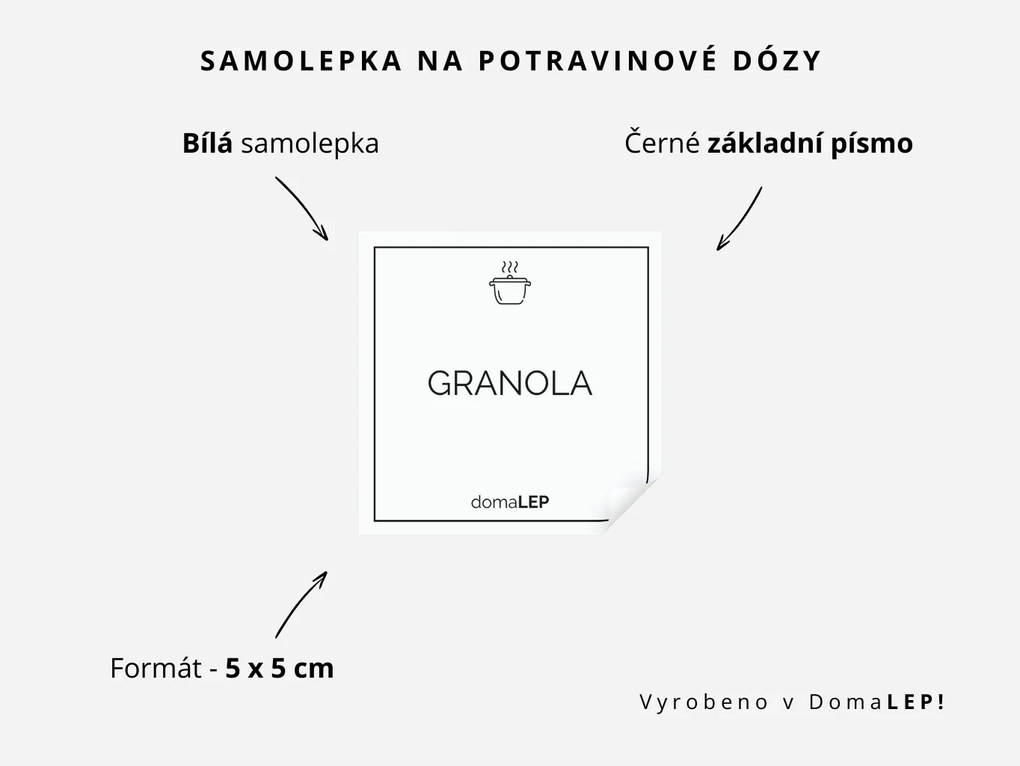 GRANOLA - omyvatelná samolepka na dózu, výběr rozměrů Ø 5 cm / 5 x 5 cm / 6 x 8 cm | DomaLEP tvar: OBDÉLNÍK, barva: BÍLÁ - ČERNÉ písmo, velikost: š. 6 cm x v. 8 cm - tučné písmo